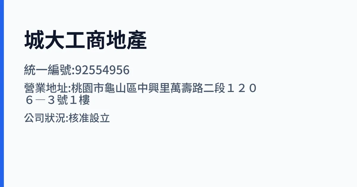 城大工商地產 - 統編 92554956(桃園市) 公司登記資料與營業項目詳細圖表
