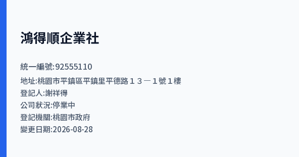 鴻得順企業社的照片-統編 92555110(桃園市) 公司登記資料與營業項目詳細圖表