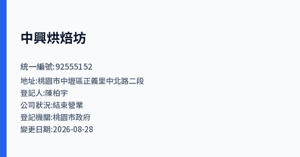 中興烘焙坊的照片-統編 92555152(桃園市) 公司登記資料與營業項目詳細圖表