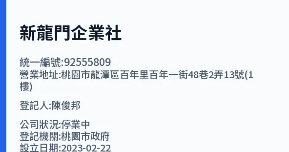 新龍門企業社的照片-統編 92555809(桃園市) 公司登記資料與營業項目詳細圖表