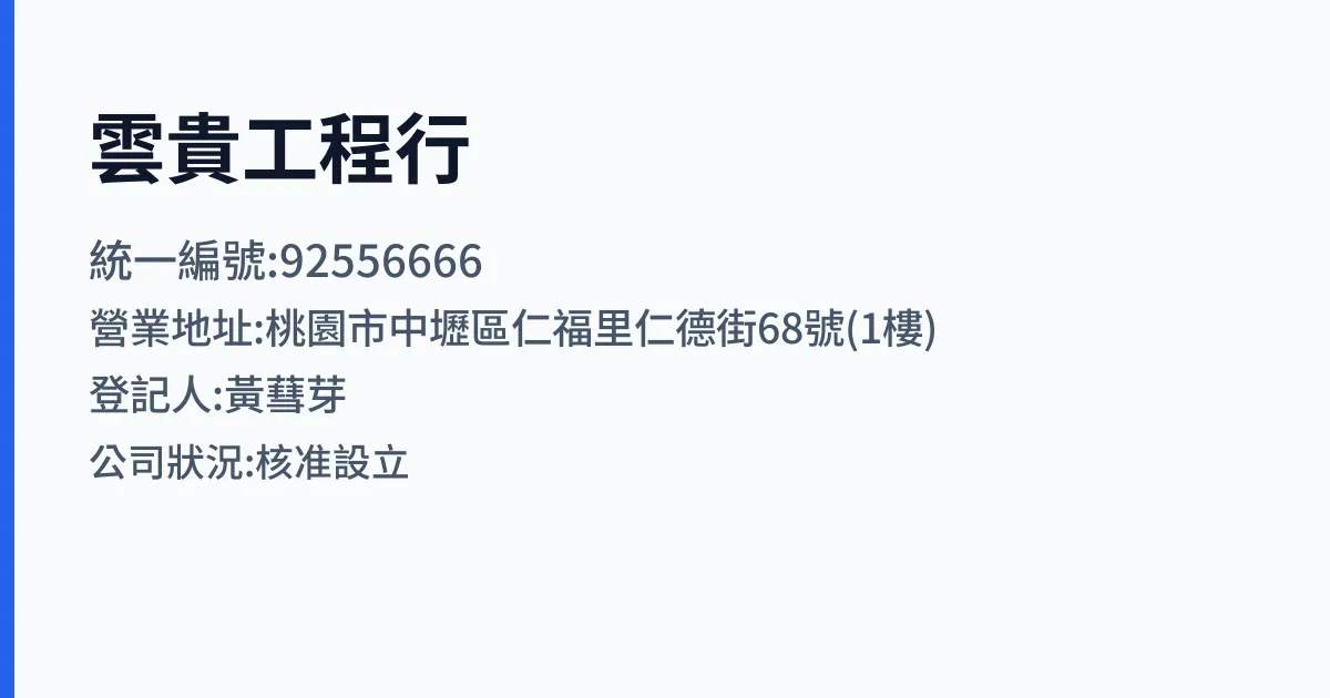 雲貴工程行 - 統編 92556666(桃園市) 公司登記資料與營業項目詳細圖表
