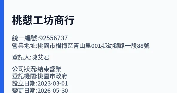 桃憇工坊商行的照片-統編 92556737(桃園市) 公司登記資料與營業項目詳細圖表
