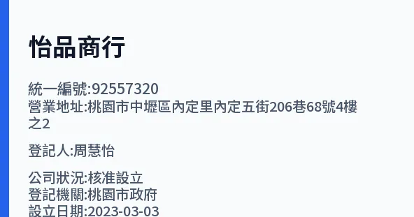 怡品商行的照片-統編 92557320(桃園市) 公司登記資料與營業項目詳細圖表