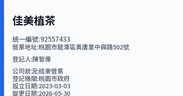 佳美植茶的照片-統編 92557433(桃園市) 公司登記資料與營業項目詳細圖表