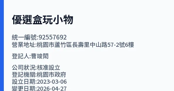 優選盒玩小物的照片-統編 92557692(桃園市) 公司登記資料與營業項目詳細圖表