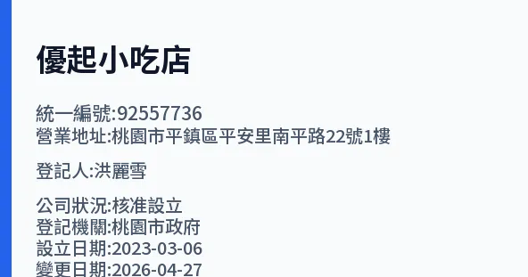優起小吃店的照片-統編 92557736(桃園市) 公司登記資料與營業項目詳細圖表