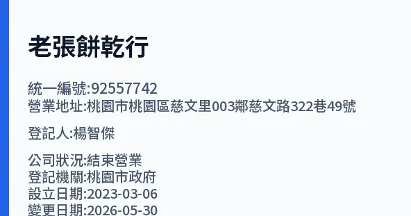 老張餅乾行的照片-統編 92557742(桃園市) 公司登記資料與營業項目詳細圖表