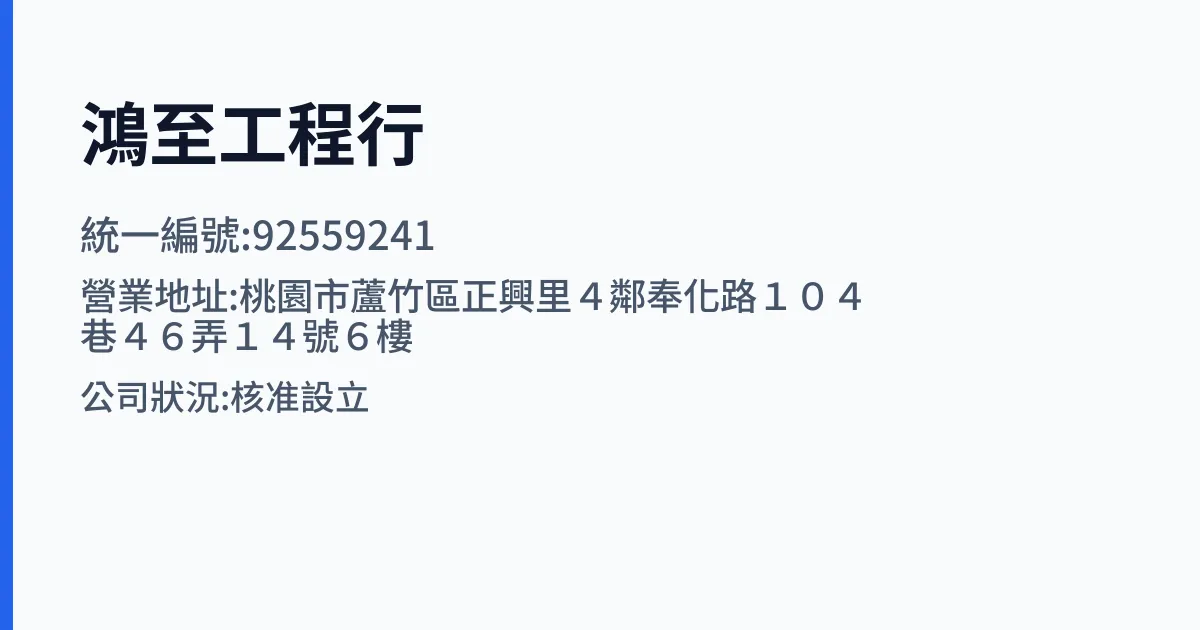鴻至工程行 - 統編 92559241(桃園市) 公司登記資料與營業項目詳細圖表