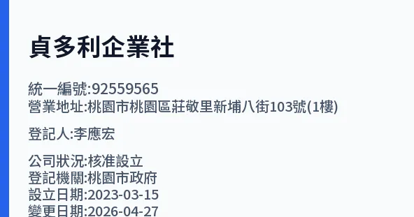 貞多利企業社的照片-統編 92559565(桃園市) 公司登記資料與營業項目詳細圖表