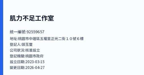 肌力不足工作室的照片-統編 92559657(桃園市) 公司登記資料與營業項目詳細圖表