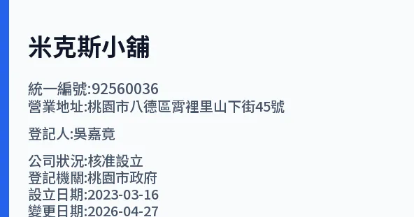 米克斯小舖的照片-統編 92560036(桃園市) 公司登記資料與營業項目詳細圖表