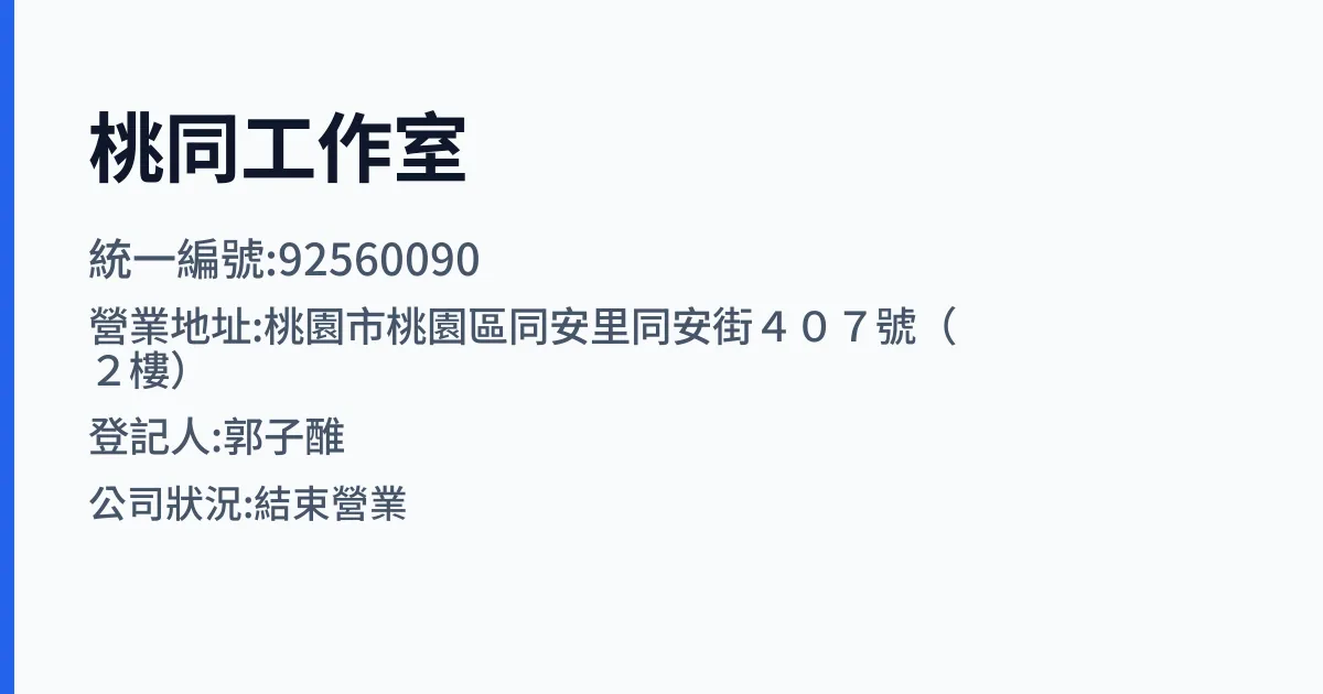 桃同工作室 - 統編 92560090(桃園市) 公司登記資料與營業項目詳細圖表