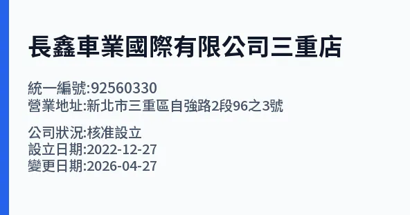 長鑫車業國際有限公司三重店的照片-統編 92560330(新北市) 公司登記資料與營業項目詳細圖表