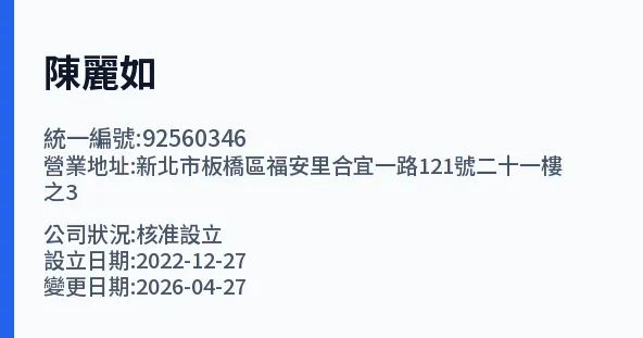 陳麗如的照片-統編 92560346(新北市) 公司登記資料與營業項目詳細圖表