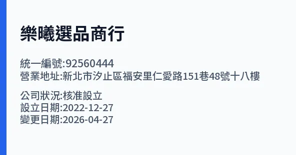 樂曦選品商行的照片-統編 92560444(新北市) 公司登記資料與營業項目詳細圖表