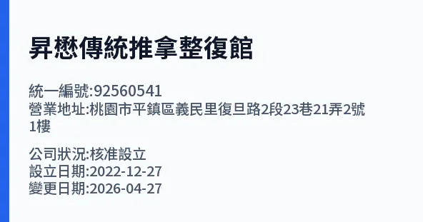 昇懋傳統推拿整復館的照片-統編 92560541(桃園市) 公司登記資料與營業項目詳細圖表