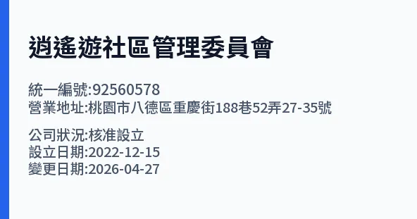 逍遙遊社區管理委員會的照片-統編 92560578(桃園市) 公司登記資料與營業項目詳細圖表