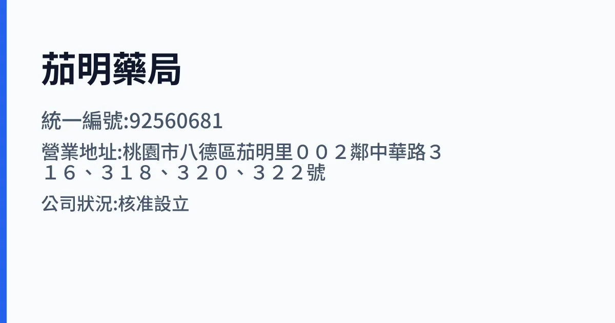 茄明藥局 - 統編 92560681(桃園市) 公司登記資料與營業項目詳細圖表