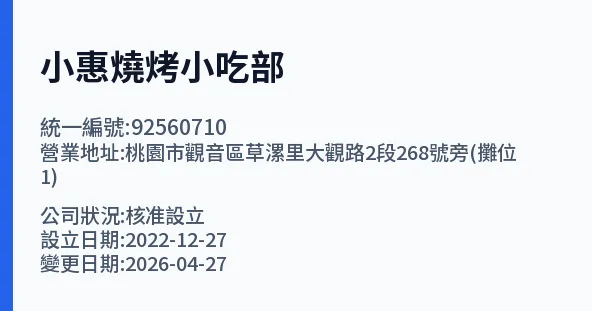 小惠燒烤小吃部的照片-統編 92560710(桃園市) 公司登記資料與營業項目詳細圖表