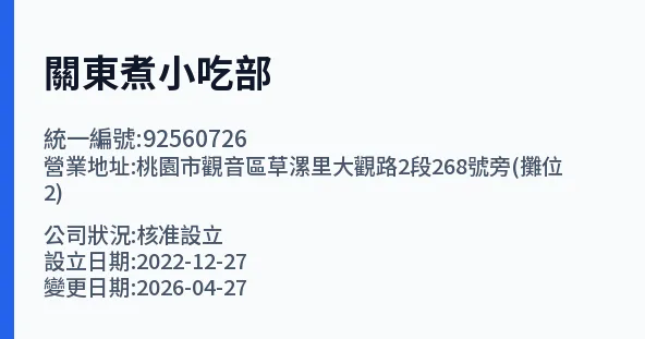 關東煮小吃部的照片-統編 92560726(桃園市) 公司登記資料與營業項目詳細圖表