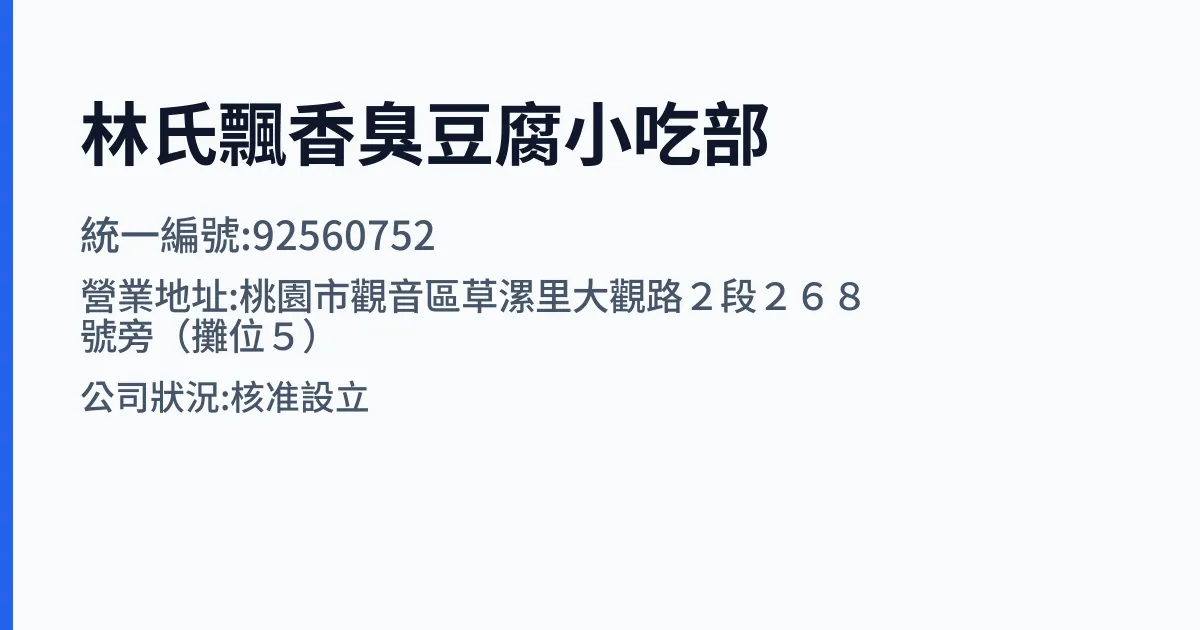 林氏飄香臭豆腐小吃部 - 統編 92560752(桃園市) 公司登記資料與營業項目詳細圖表
