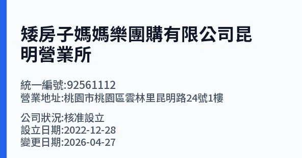 矮房子媽媽樂團購有限公司昆明營業所的照片-統編 92561112(桃園市) 公司登記資料與營業項目詳細圖表