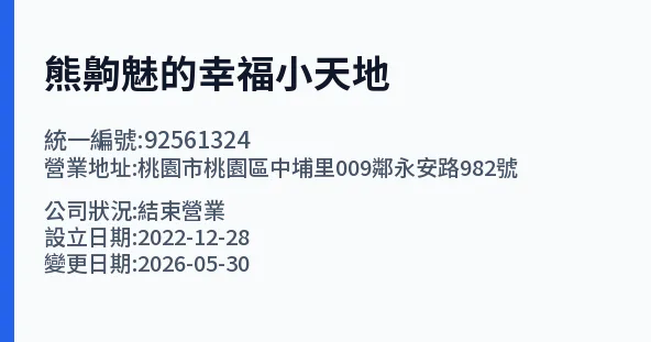 熊齁魅的幸福小天地的照片-統編 92561324(桃園市) 公司登記資料與營業項目詳細圖表