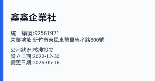 鑫鑫企業社的照片-統編 92561921(新竹市) 公司登記資料與營業項目詳細圖表