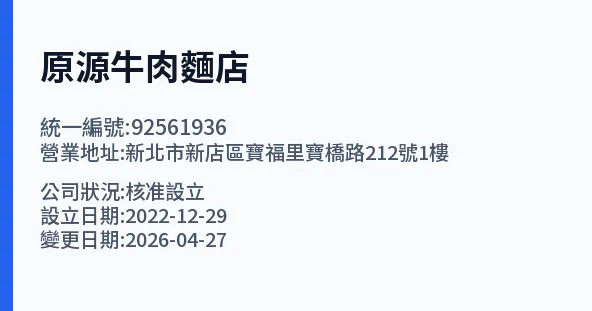 原源牛肉麵店的照片-統編 92561936(新北市) 公司登記資料與營業項目詳細圖表