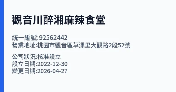 觀音川醉湘麻辣食堂的照片-統編 92562442(桃園市) 公司登記資料與營業項目詳細圖表
