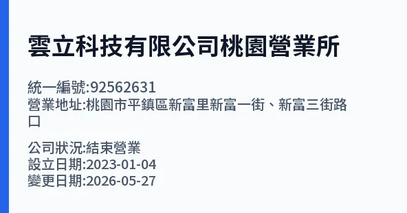 雲立科技有限公司桃園營業所的照片-統編 92562631(桃園市) 公司登記資料與營業項目詳細圖表