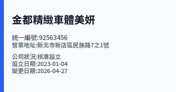 金都精緻車體美妍的照片-統編 92563456(新北市) 公司登記資料與營業項目詳細圖表