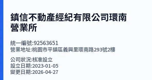 鎮信不動產經紀有限公司環南營業所的照片-統編 92563651(桃園市) 公司登記資料與營業項目詳細圖表
