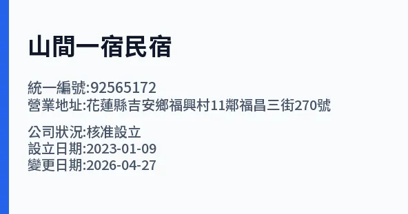 山間一宿民宿的照片-統編 92565172(花蓮縣) 公司登記資料與營業項目詳細圖表