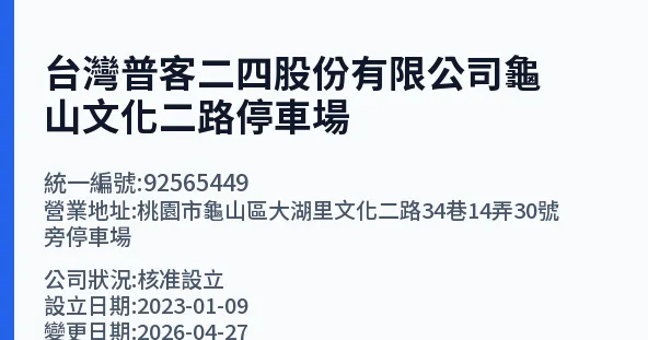 台灣普客二四股份有限公司龜山文化二路停車場的照片-統編 92565449(桃園市) 公司登記資料與營業項目詳細圖表