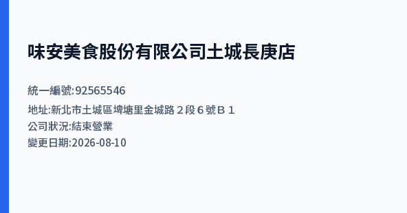 味安美食股份有限公司土城長庚店的照片-統編 92565546(新北市) 公司登記資料與營業項目詳細圖表