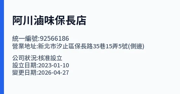 阿川滷味保長店的照片-統編 92566186(新北市) 公司登記資料與營業項目詳細圖表