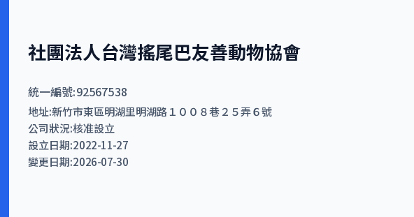 社團法人台灣搖尾巴友善動物協會的照片-統編 92567538 公司登記資料與營業項目詳細圖表