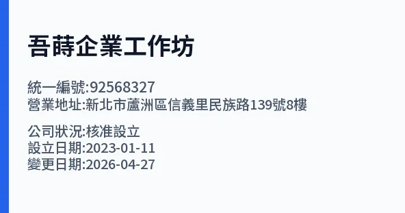 吾蒔企業工作坊的照片-統編 92568327(新北市) 公司登記資料與營業項目詳細圖表