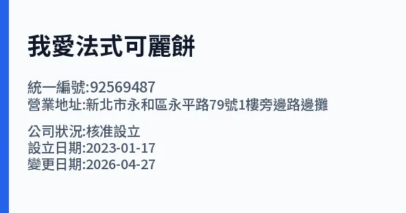 我愛法式可麗餅的照片-統編 92569487(新北市) 公司登記資料與營業項目詳細圖表