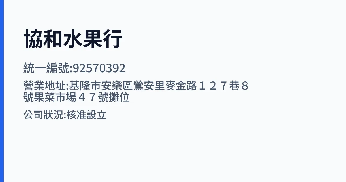 協和水果行 - 統編 92570392(基隆市) 公司登記資料與營業項目詳細圖表