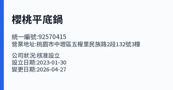 櫻桃平底鍋的照片-統編 92570415(桃園市) 公司登記資料與營業項目詳細圖表