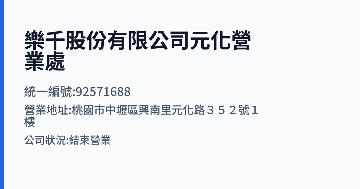 樂千股份有限公司元化營業處 - 統編 92571688(桃園市) 公司登記資料與營業項目詳細圖表