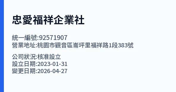 忠愛福祥企業社的照片-統編 92571907(桃園市) 公司登記資料與營業項目詳細圖表