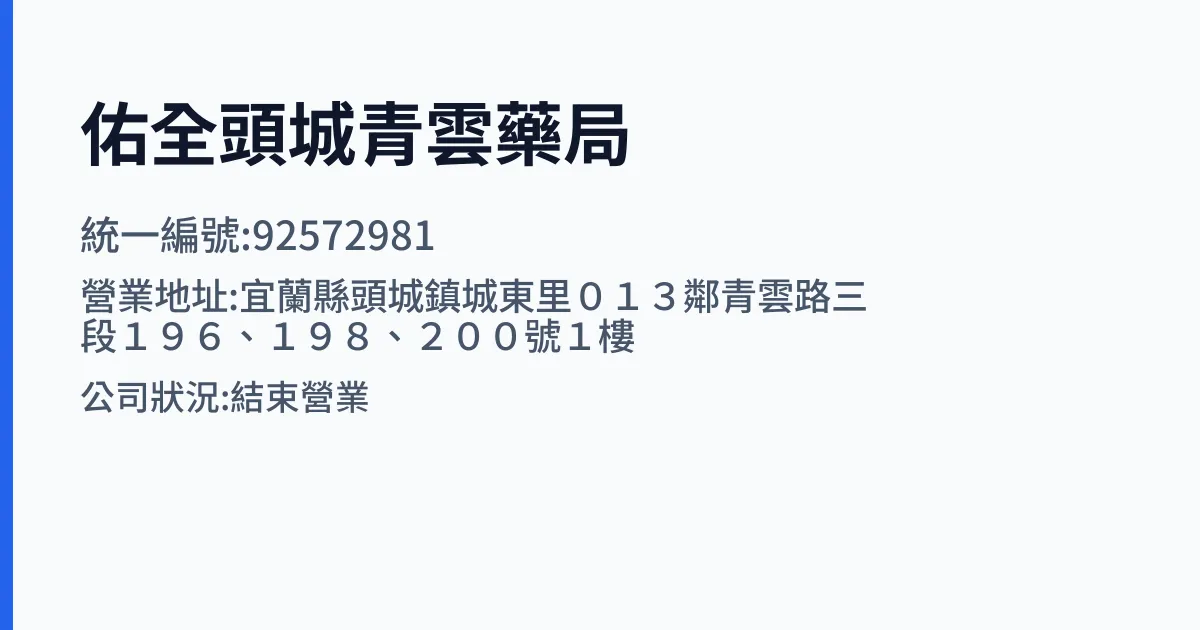 佑全頭城青雲藥局 - 統編 92572981(宜蘭縣) 公司登記資料與營業項目詳細圖表