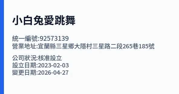 小白兔愛跳舞的照片-統編 92573139(宜蘭縣) 公司登記資料與營業項目詳細圖表