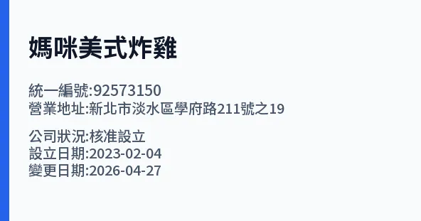 媽咪美式炸雞的照片-統編 92573150(新北市) 公司登記資料與營業項目詳細圖表