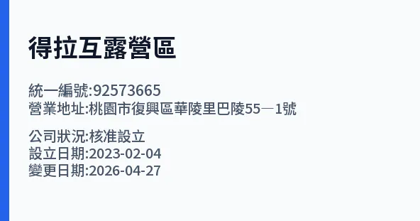 得拉互露營區的照片-統編 92573665(桃園市) 公司登記資料與營業項目詳細圖表