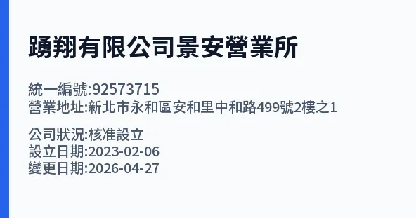 踴翔有限公司景安營業所的照片-統編 92573715(新北市) 公司登記資料與營業項目詳細圖表