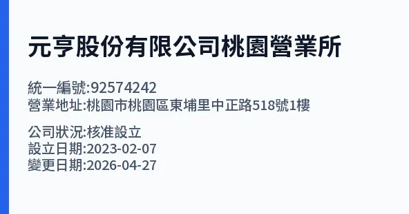 元亨股份有限公司桃園營業所的照片-統編 92574242(桃園市) 公司登記資料與營業項目詳細圖表
